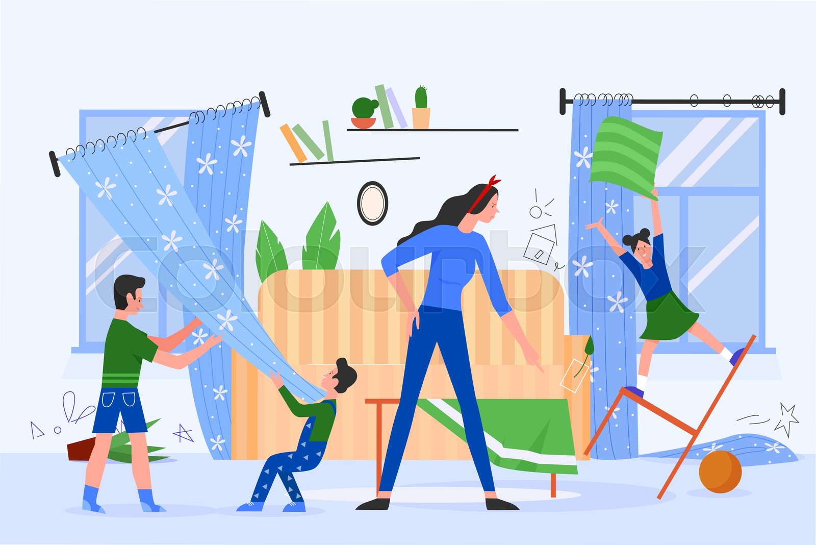 Annoyed mother with naughty children vector illustration, cartoon flat ...