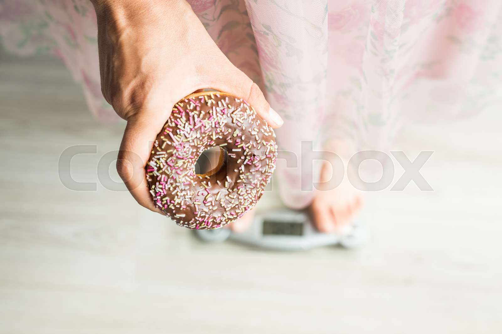 Diet Concept. Close-up of Woman's feet On Weighing Scale With Donut ...