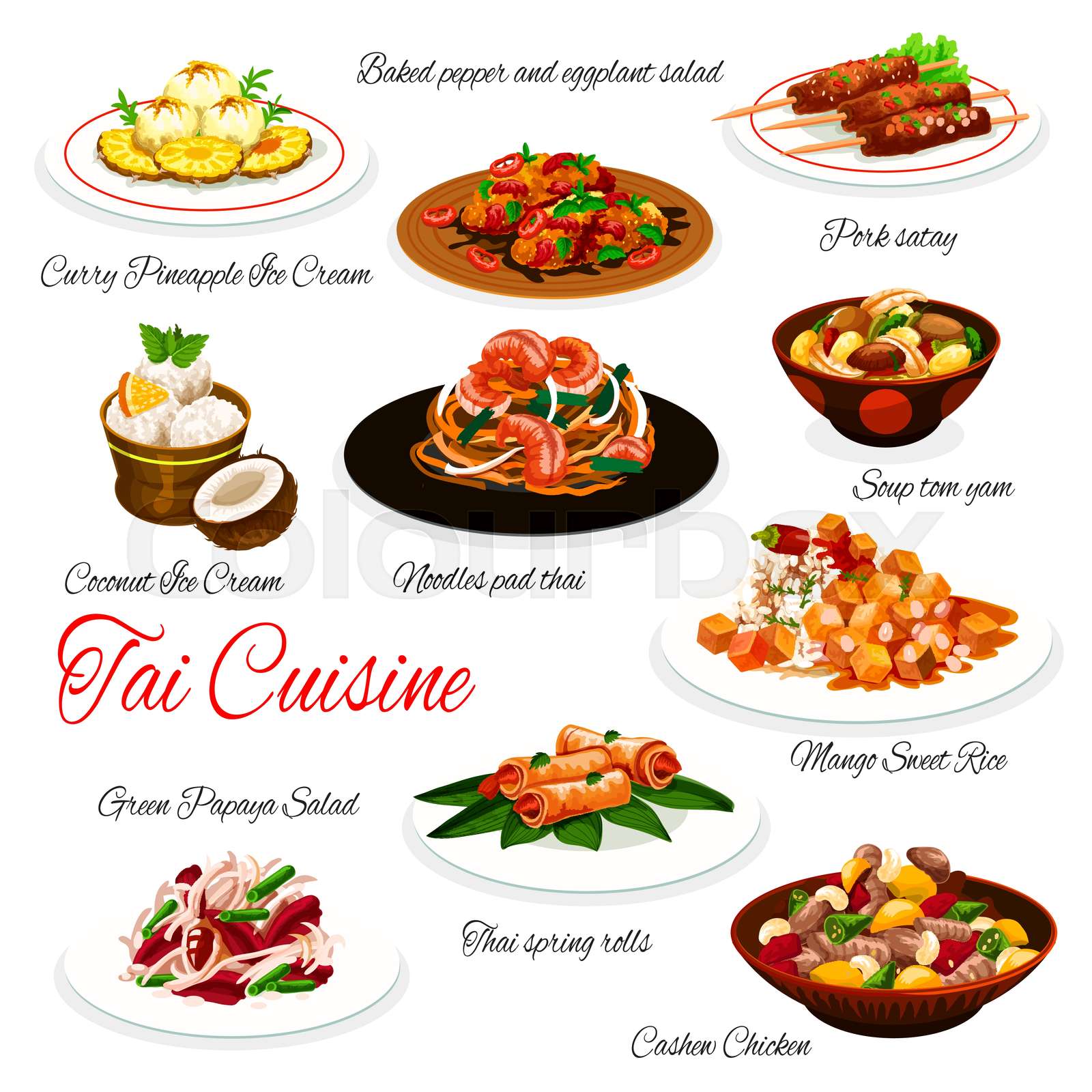 Thai cuisine dishes, Asian food with meat, seafood | Stock vector ...