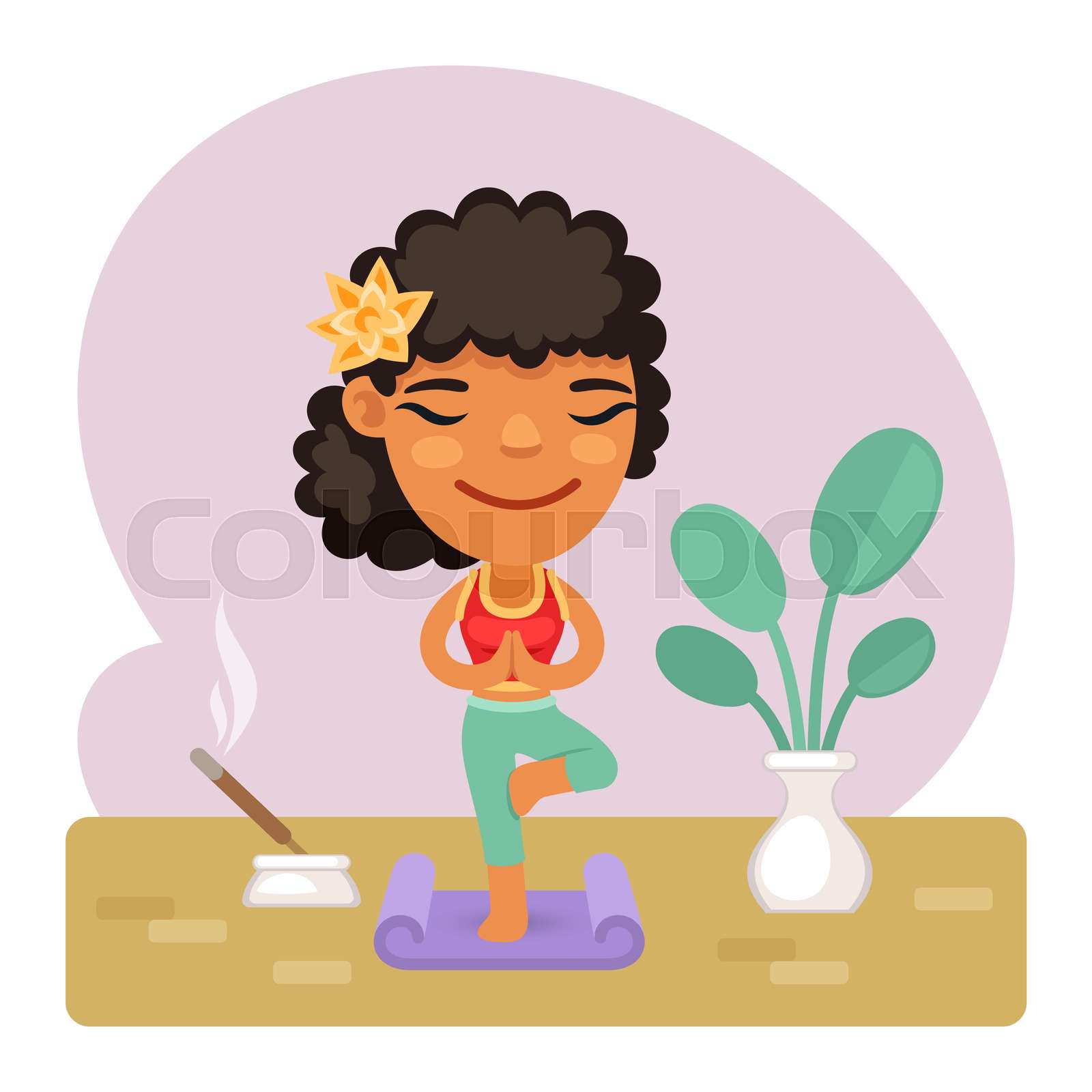 Cartoon Girl Doing Yoga Vrikshasana Tree Pose | Stock vector | Colourbox