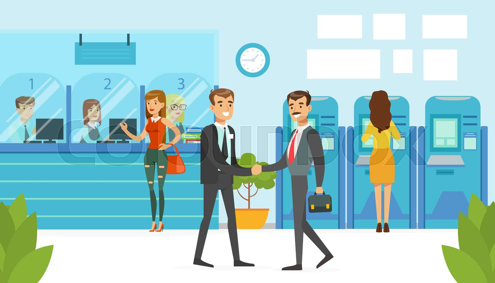 Bank Office Interior with Meeting People and Managers Consulting ...