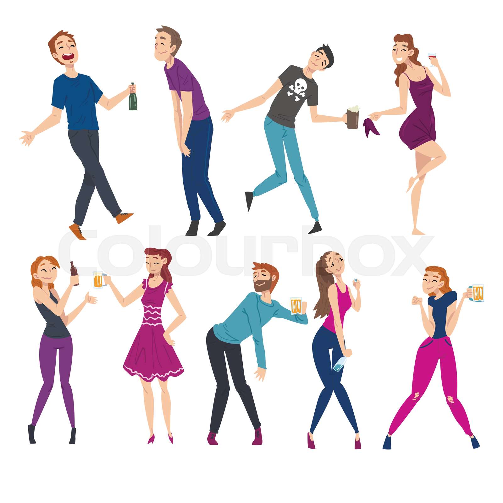 Drunk People Set, Men and Women with Alcohol Drink Bottles and Beer ...