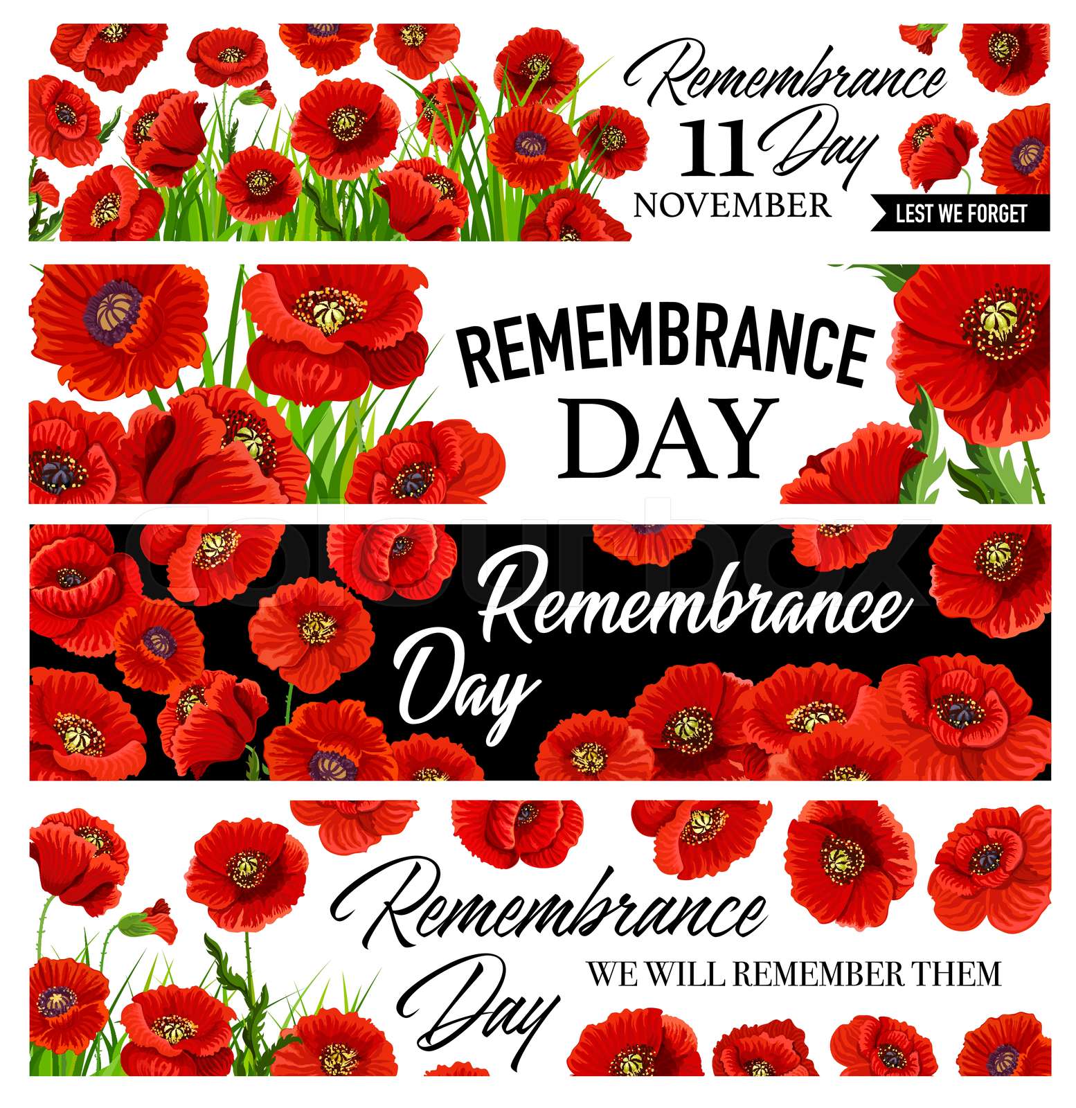 11 November Remembrance Day banners with poppies | Stock vector | Colourbox
