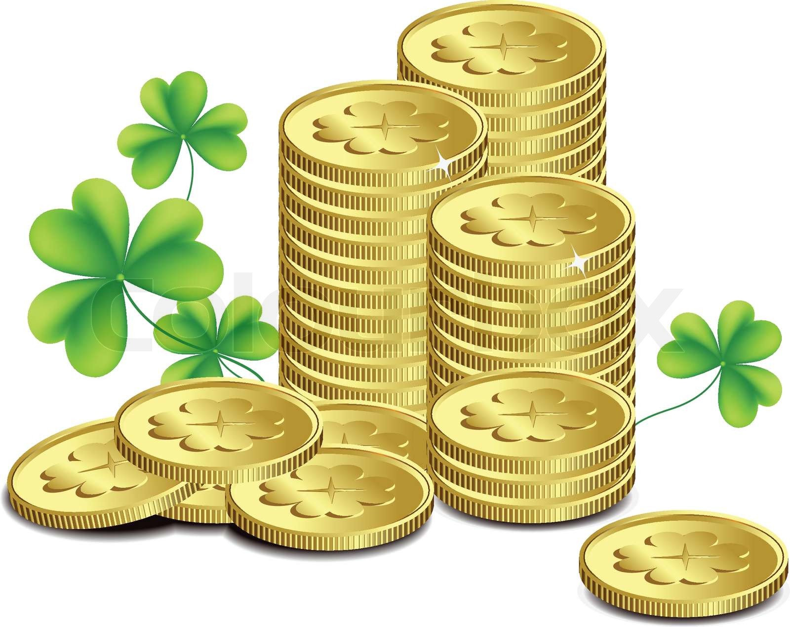 Gold coins and leaves of clover, St. Patrick's Day celebration. | Stock ...