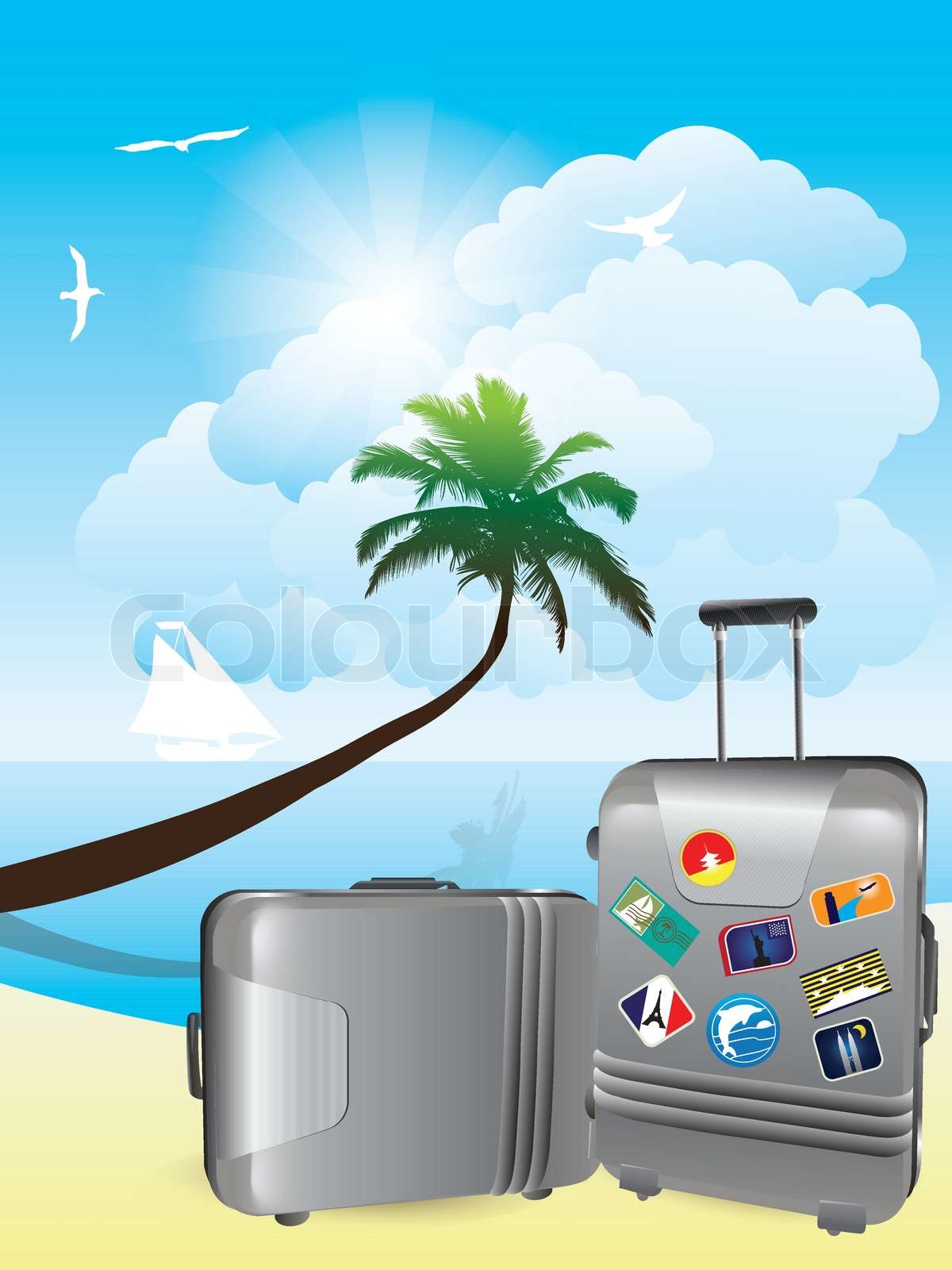 Luggage at the beach with coconut trees | Stock vector | Colourbox