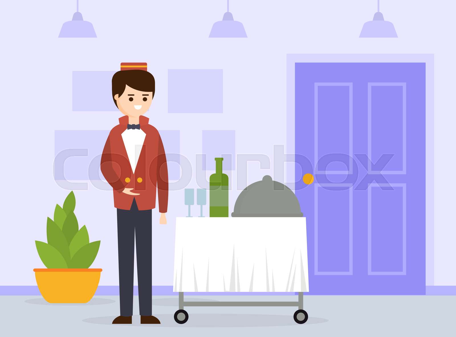 Room Service Employee Pushing Delivering Cart with Restaurant Cloche ...