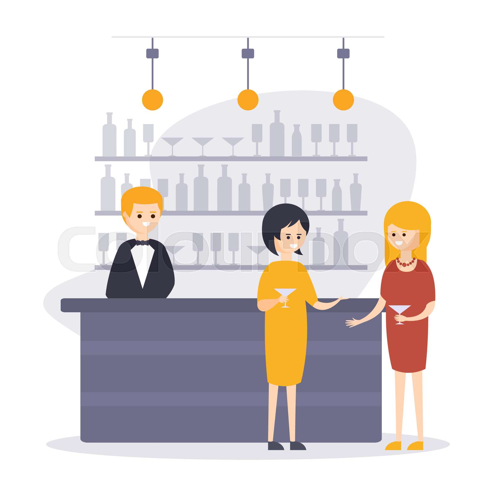 Two Women Drinking Cocktails at Bar Counter with Barman Making Drinks ...