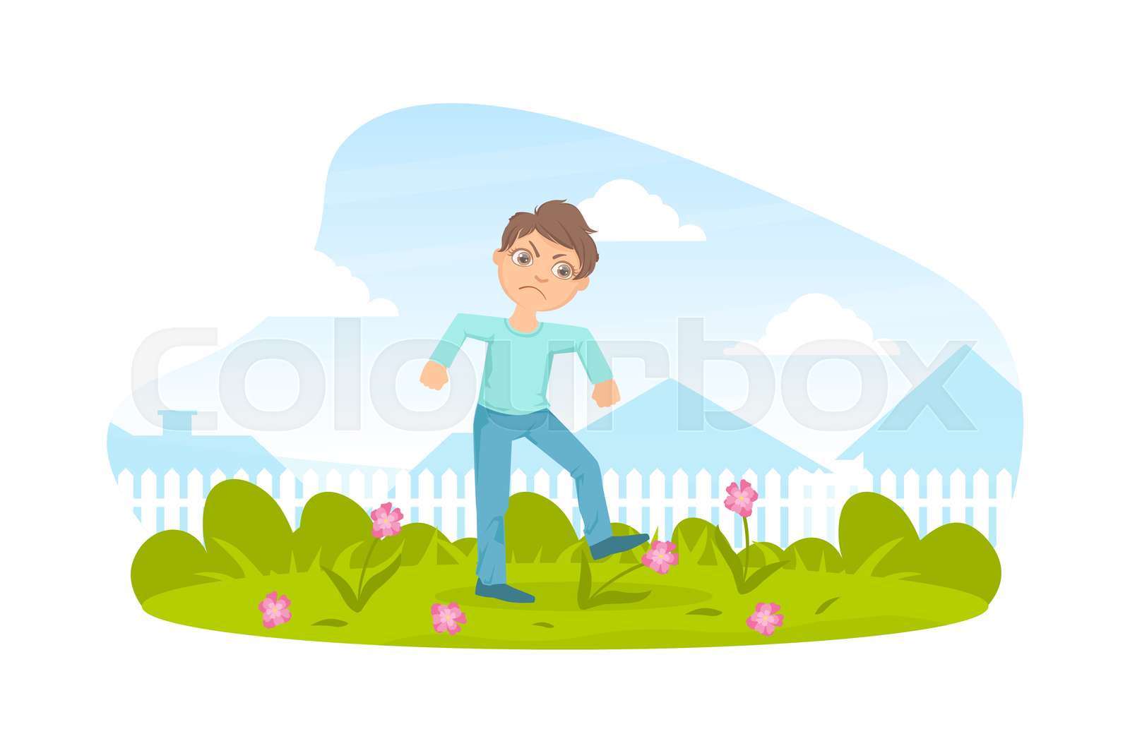 Bully Boy Treading Down Flowers in Meadow, Kids Aggressive Behavior ...