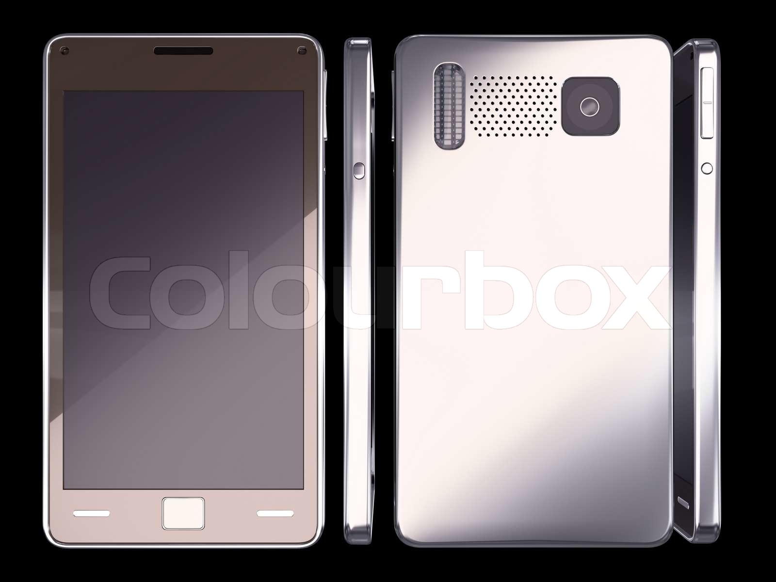Smart phone: front, side and rear views on black | Stock image | Colourbox