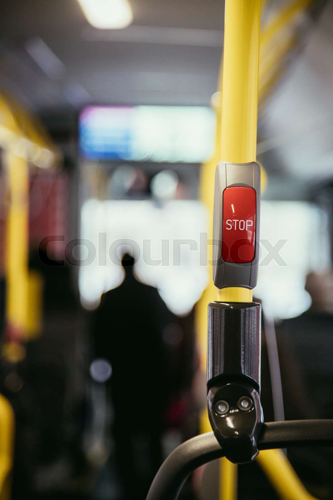 Red stop button in a bus, commuting, public transport | Stock image ...