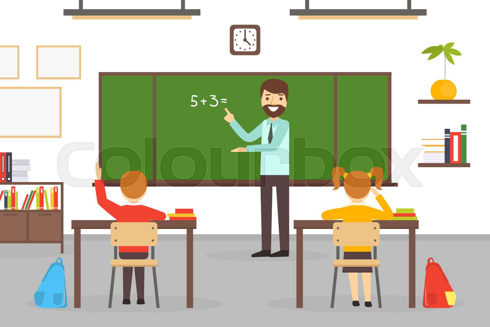 Elementary School Students Studying in Classroom, Cheerful Male Teacher ...