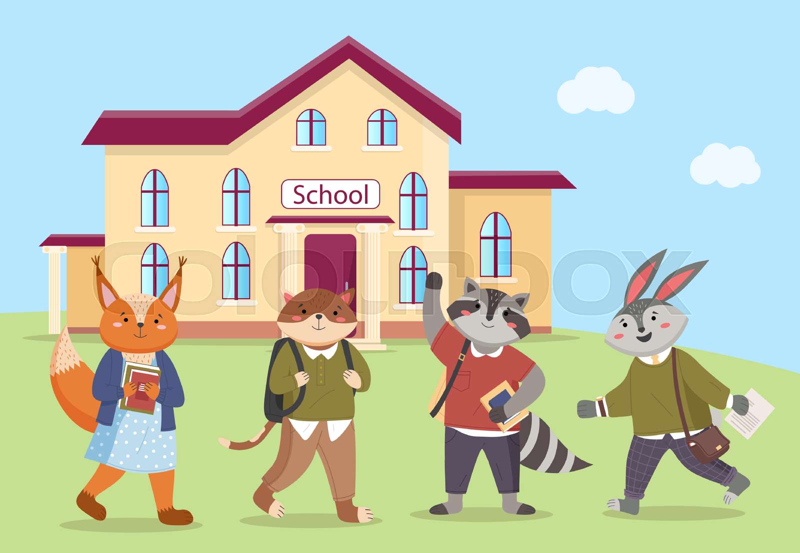 Animals students go to study. Illustration of cartoon schoolchildren ...