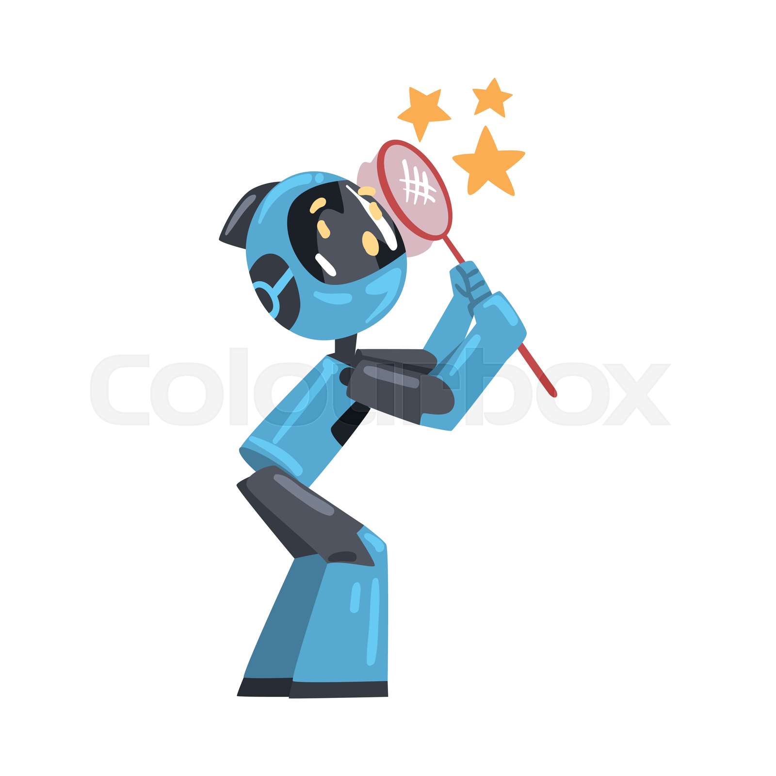 Friendly Robot Catching Stars with Net, Cute Personal Robotic Assistant Character, Artificial ...
