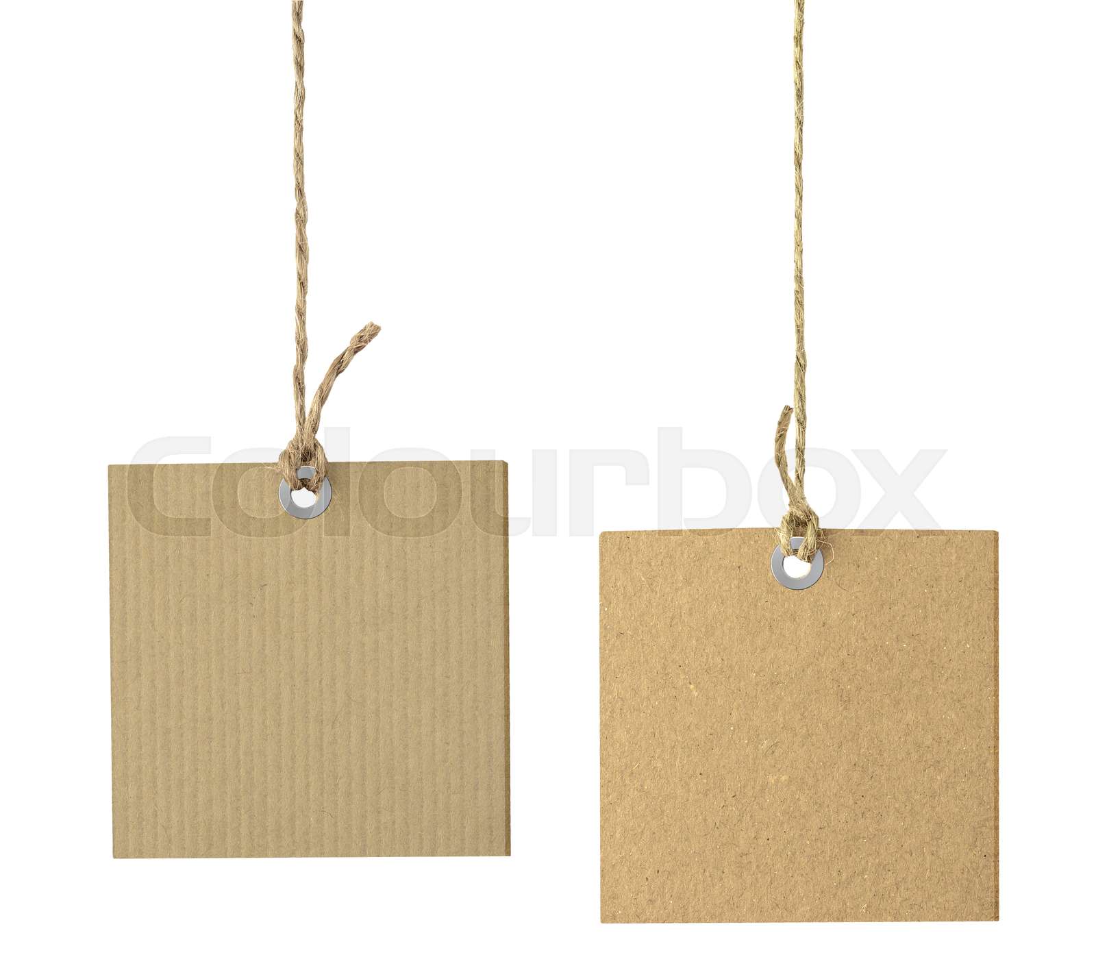 Blank cardboard labels hanging on the rope isolated. | Stock image ...
