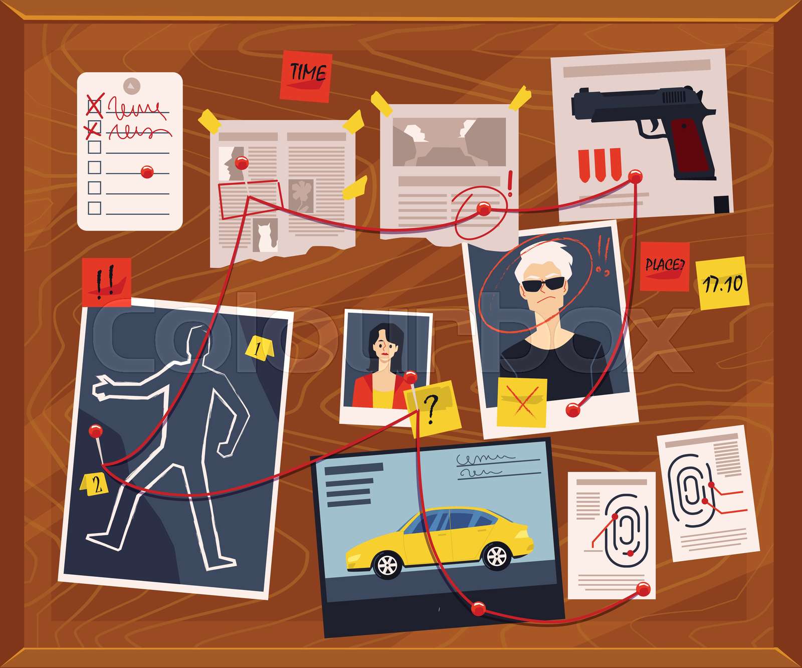 Detectives board with pinned photos and evidences flat vector ...