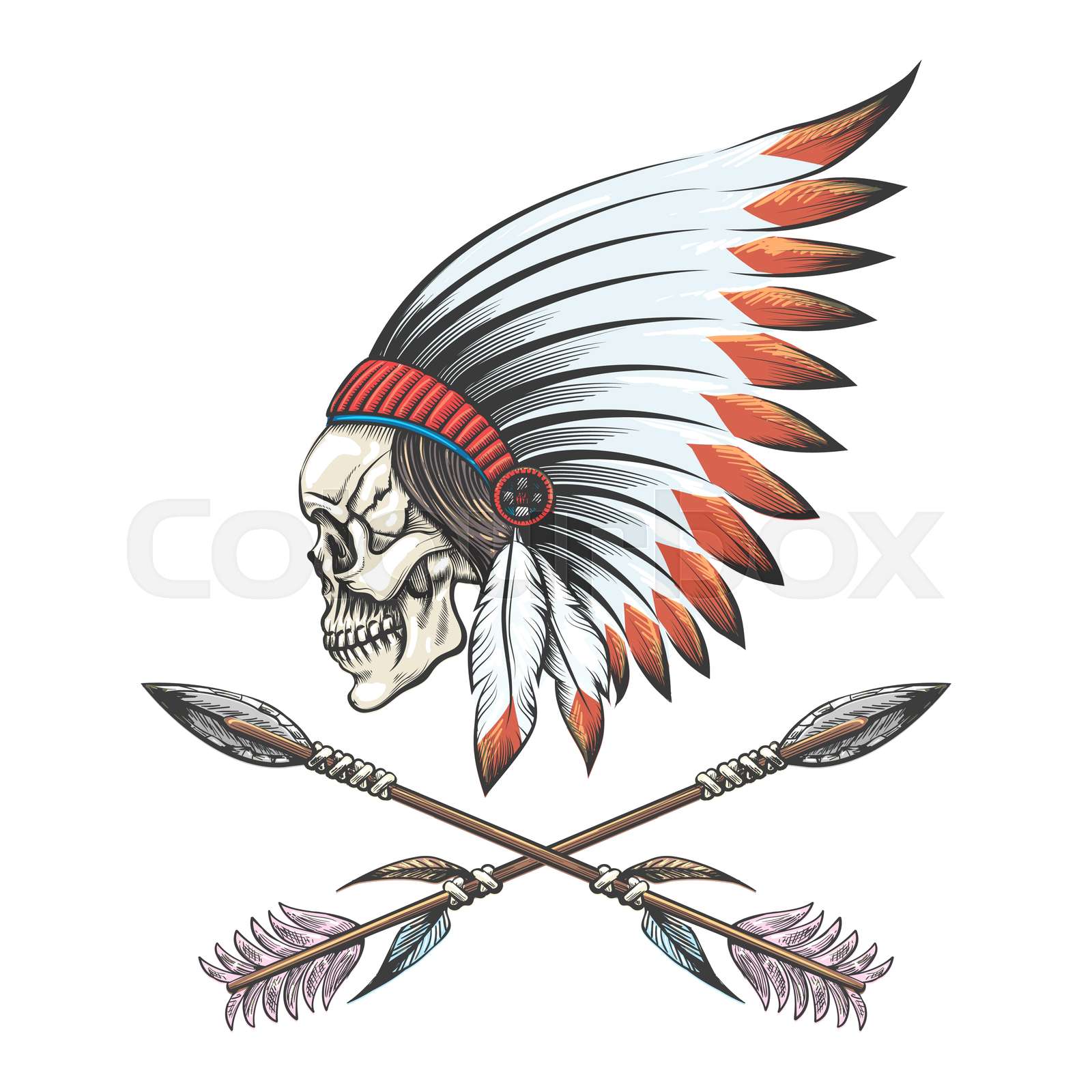 Skull in native American War Bonnet with Arrows Emblem | Stock vector ...