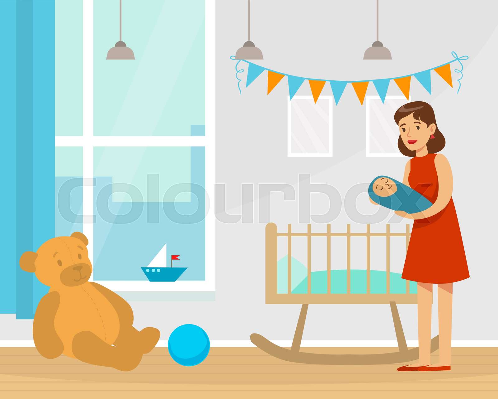Young Mom Laying Sleeping Newborn Baby in a Cot, Woman Holding Sleeping ...