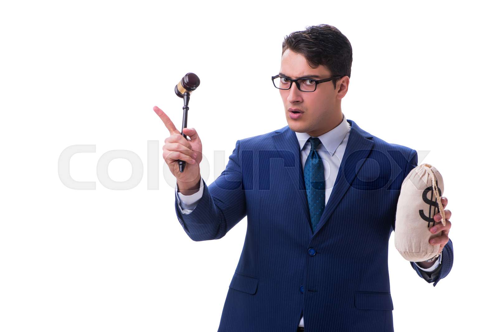 Lawyer with a gavel and a moneybag money bad isolated on white | Stock ...