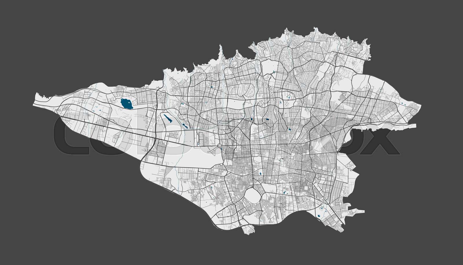 Tehran map. Detailed map of Tehran city poster with streets, water ...