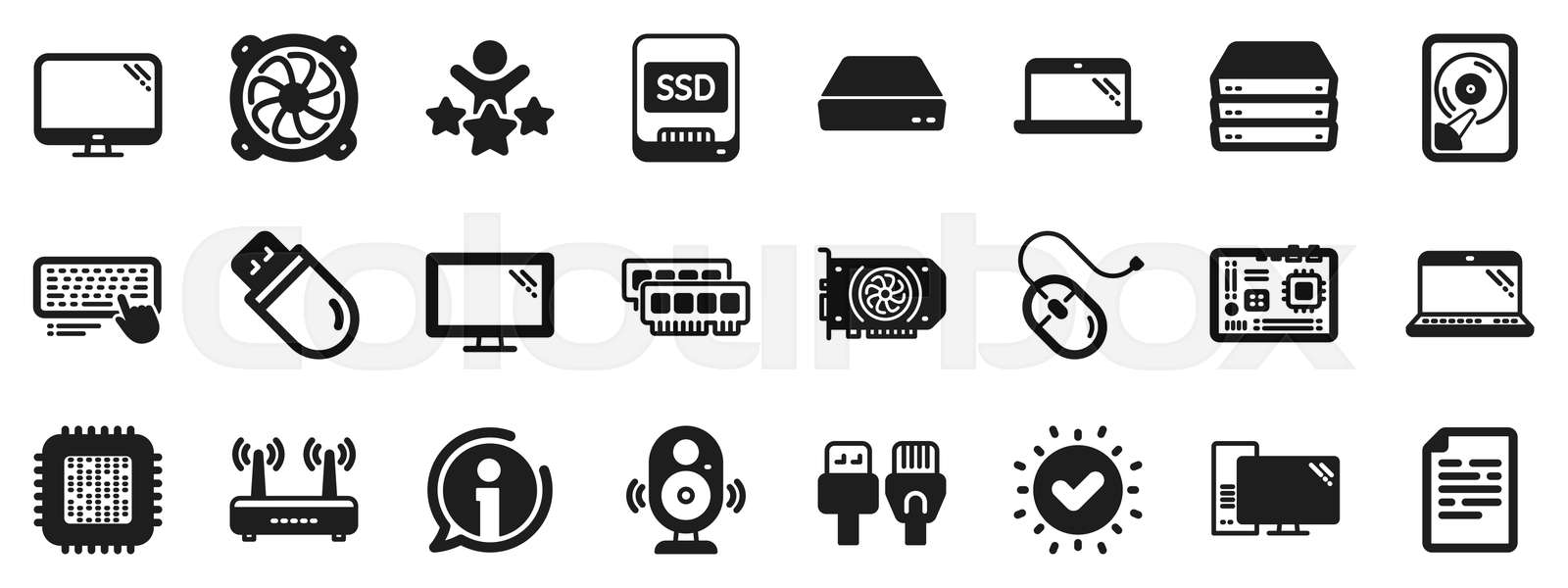 Computer components icons. Set of Motherboard, CPU and Internet, usb ...