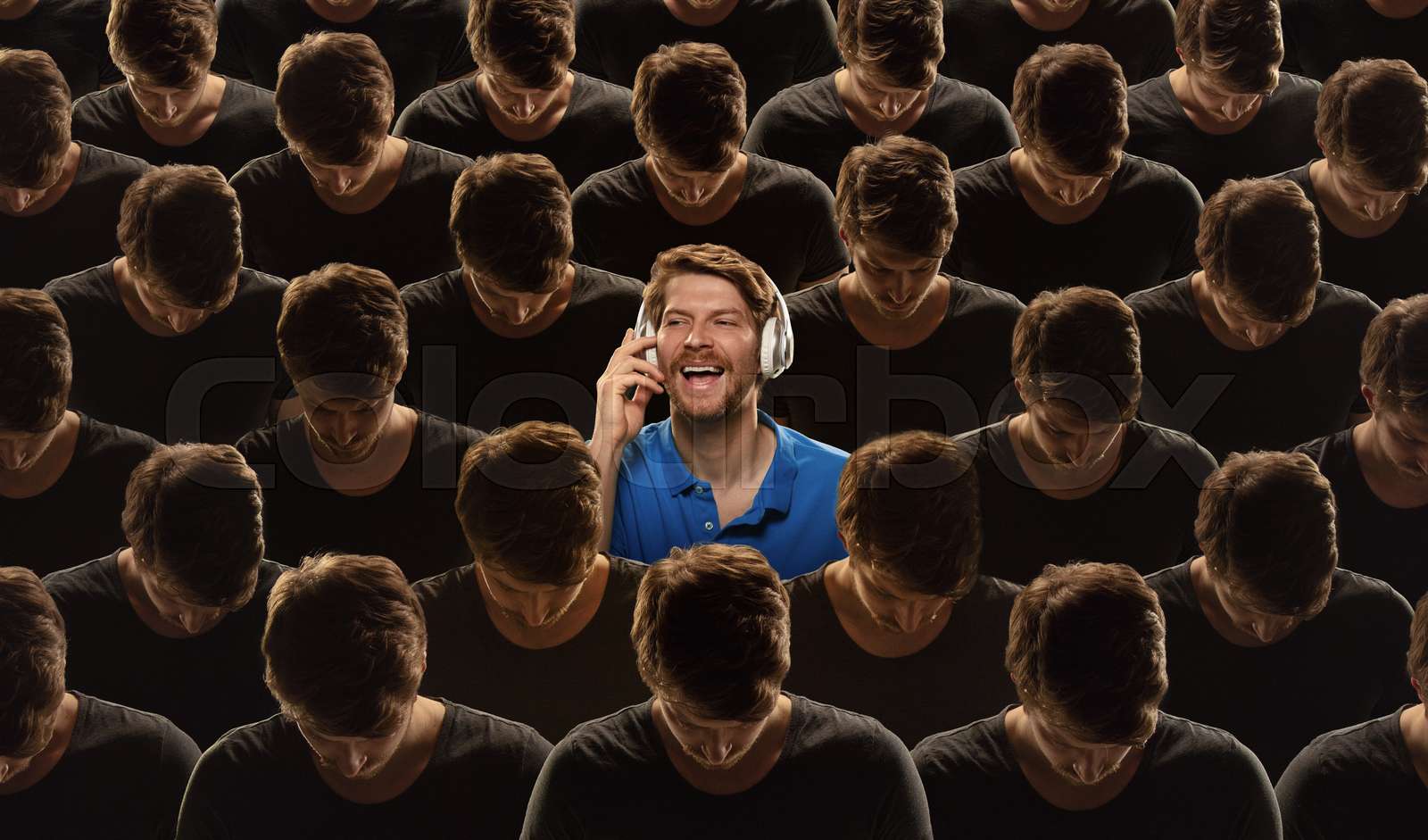 Top view of grey crowd of identical people and special one man ...