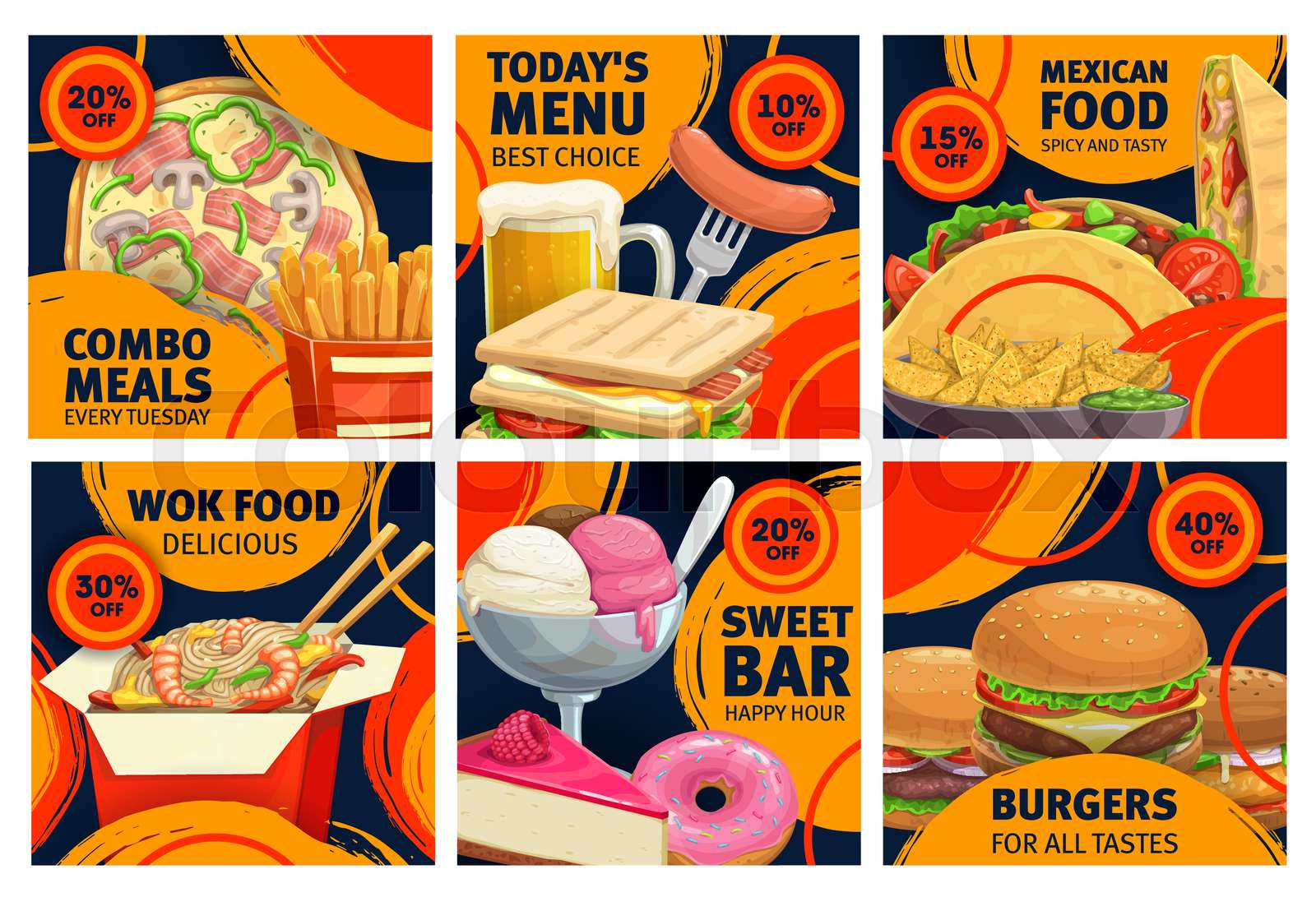 Fast food combo meals sale promo posters set. | Stock vector | Colourbox