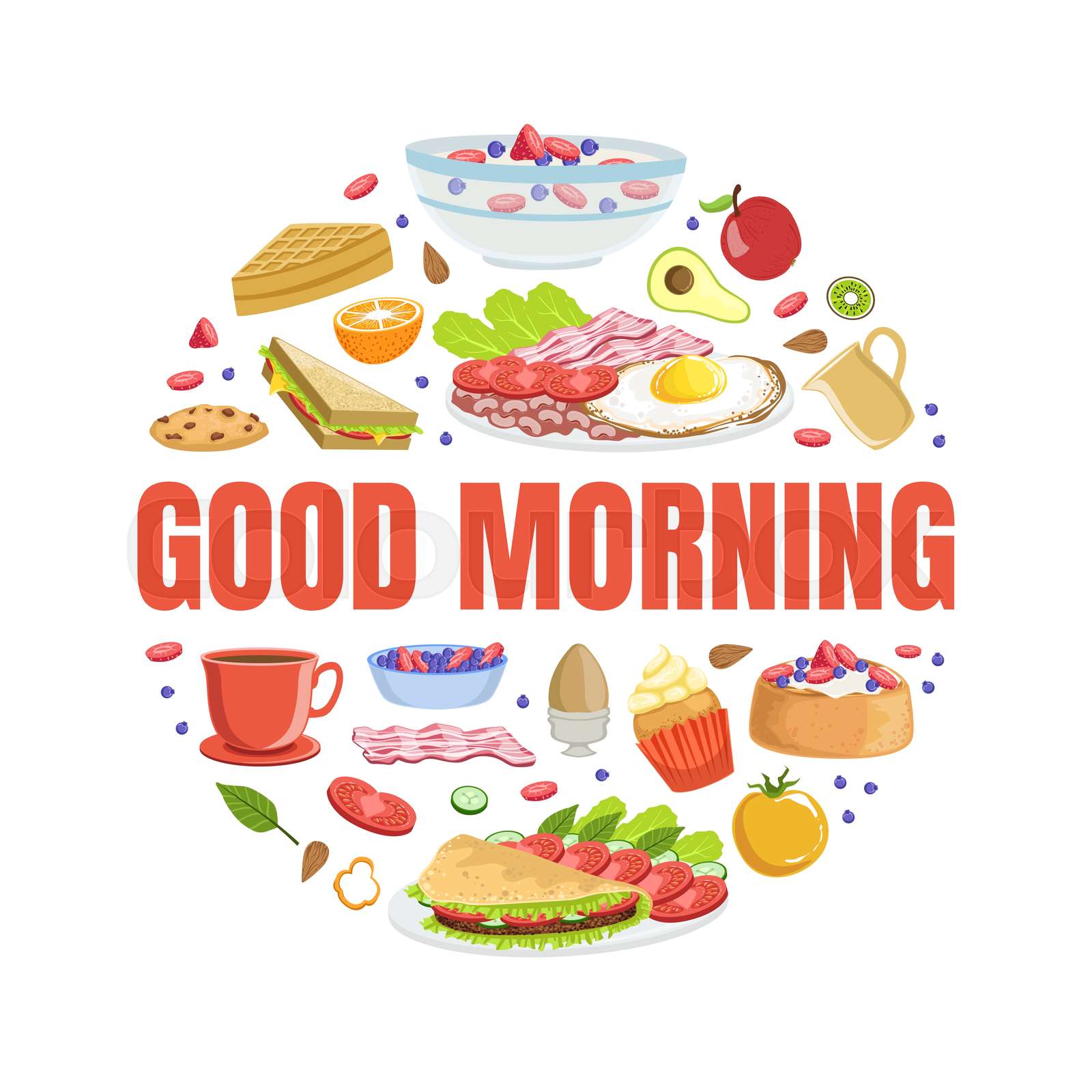 Good Morning Banner Template with Tasty Morning Meal Dishes of Round ...
