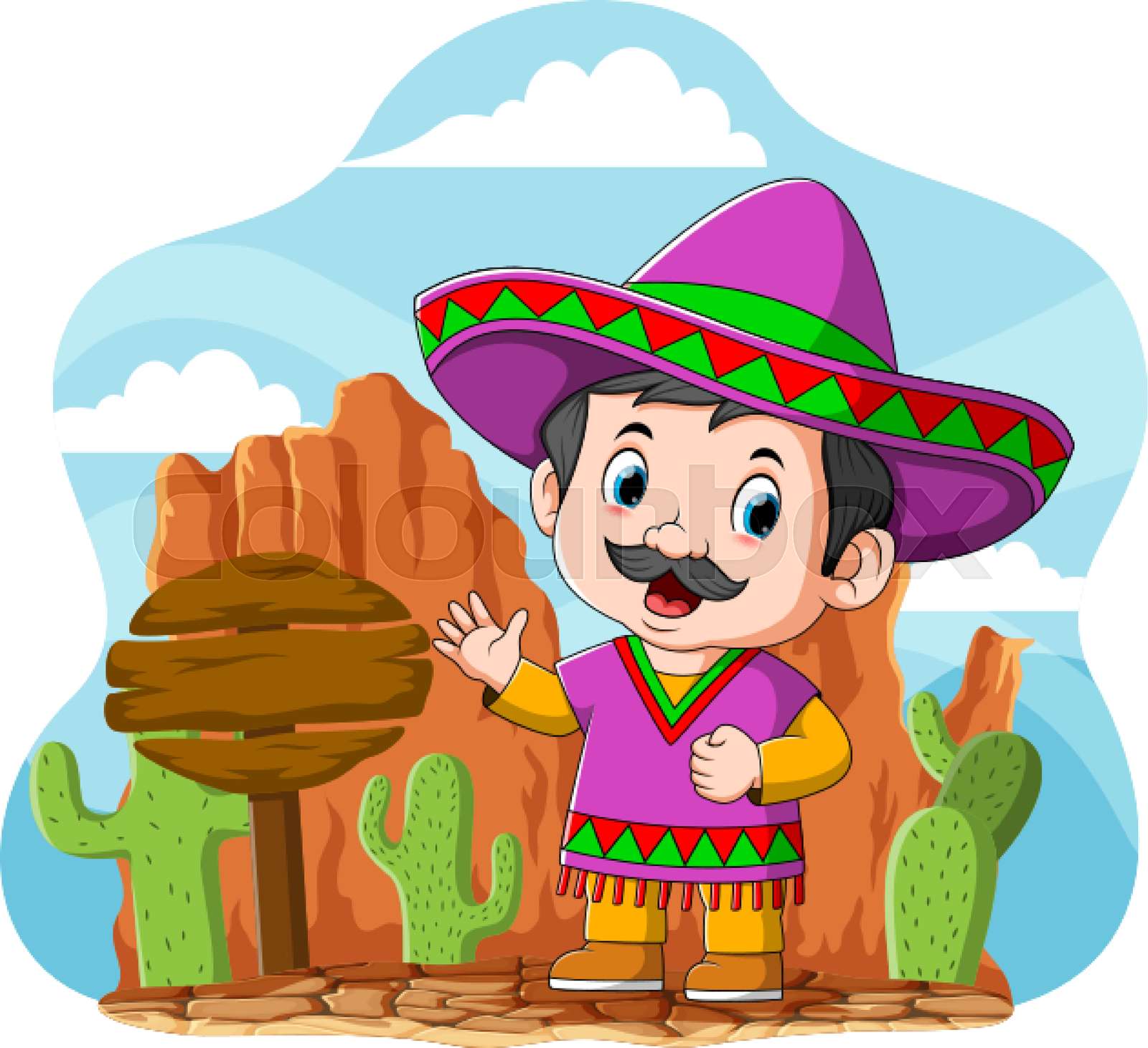 The mexican uncle standing near the road sign and the cactus | Stock ...