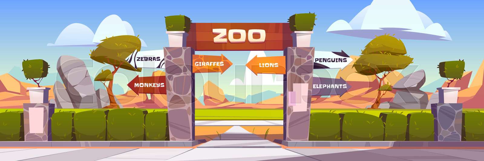 Zoo gates with pointers to wild animals cages | Stock vector | Colourbox