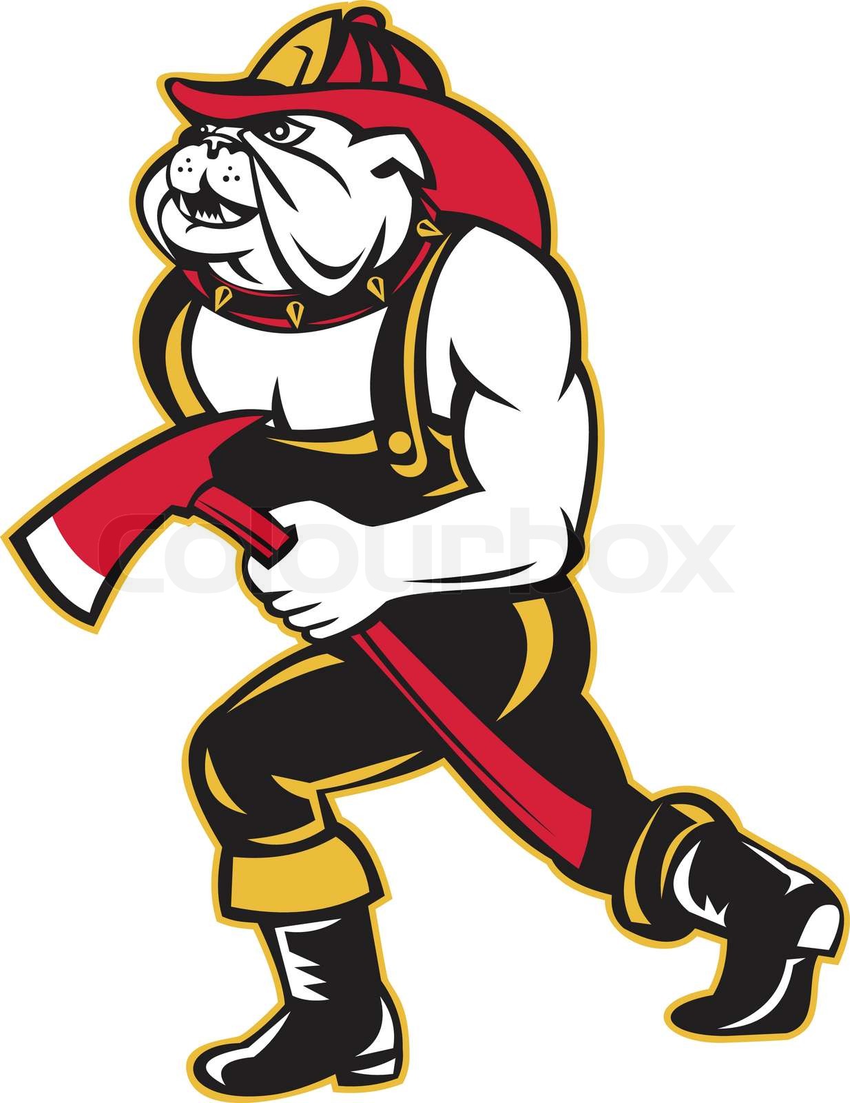 bulldog dog fireman with axe walking cartoon | Stock vector | Colourbox