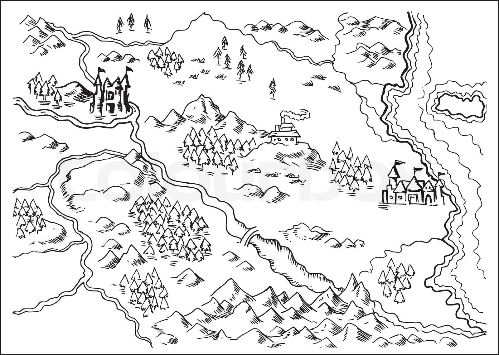 illustration drawing of a map of a fantasy land showing rivers ...
