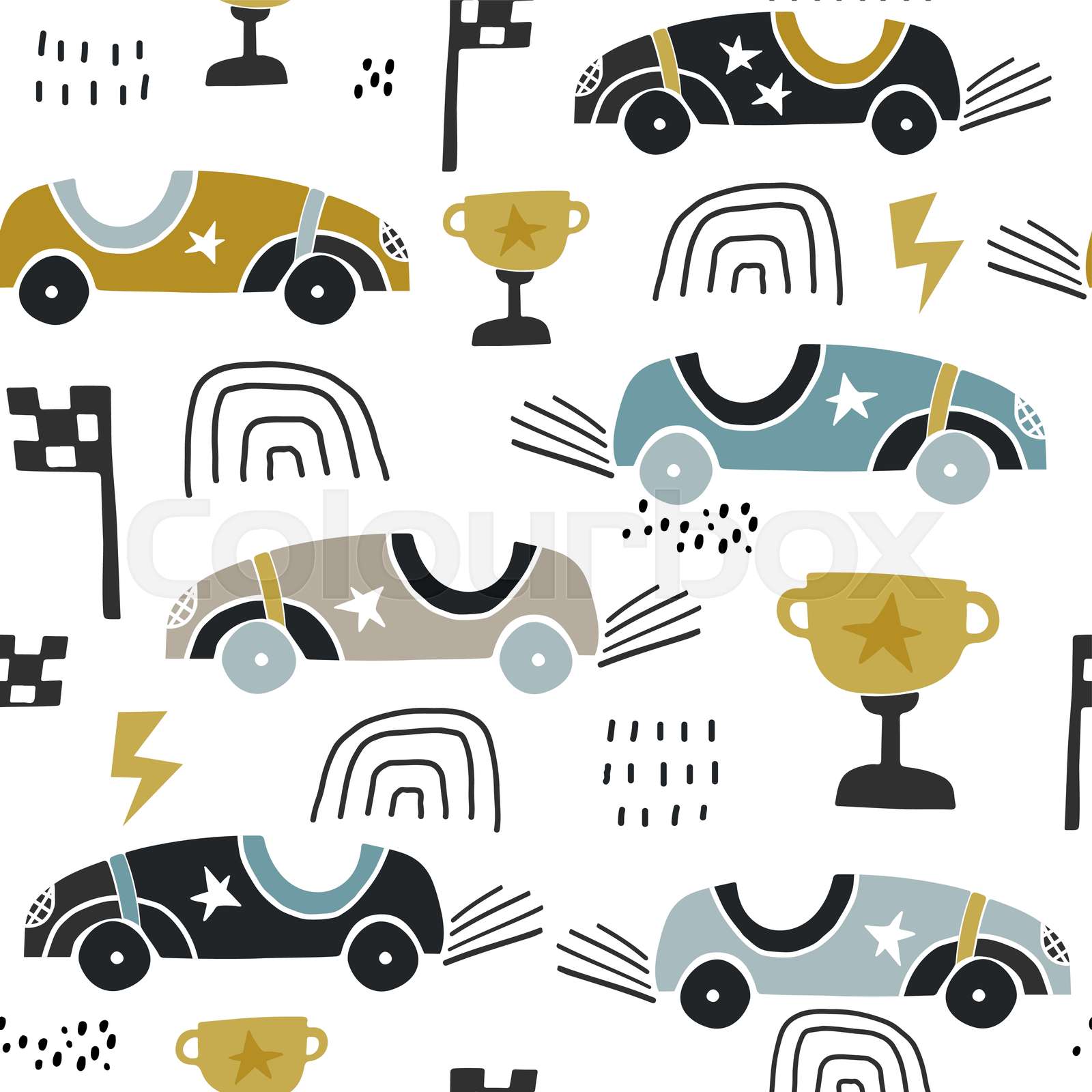 Seamless pattern with hand drawn retro racing cars. Cartoon car vector ...