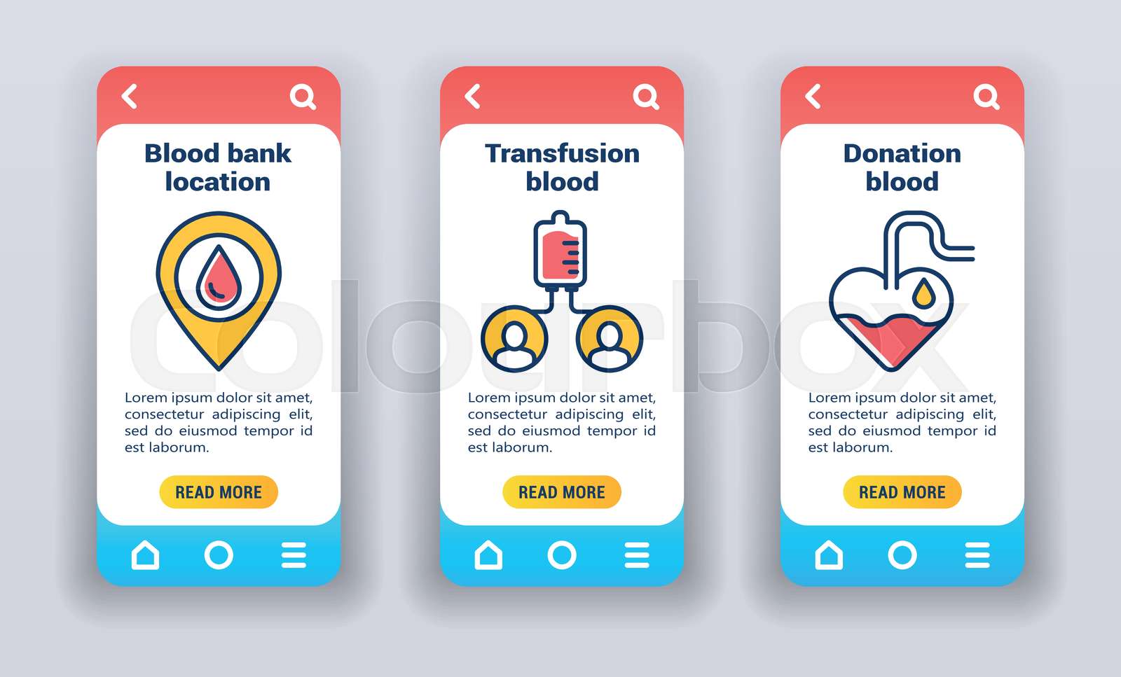 Blood bank on mobile app onboarding screens. Donorship. | Stock vector ...