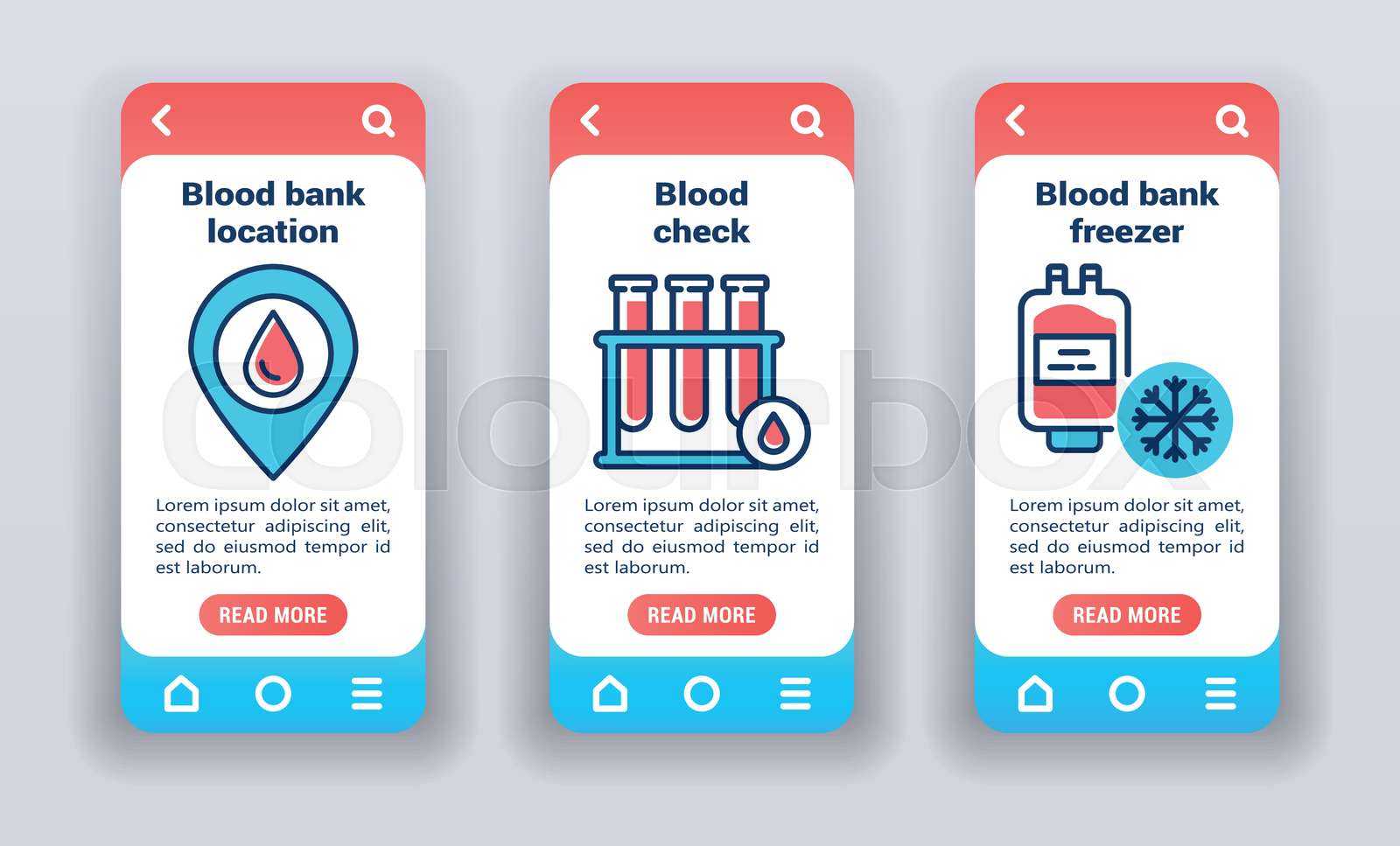 Blood bank on mobile app onboarding screens. Storage for transfusion ...