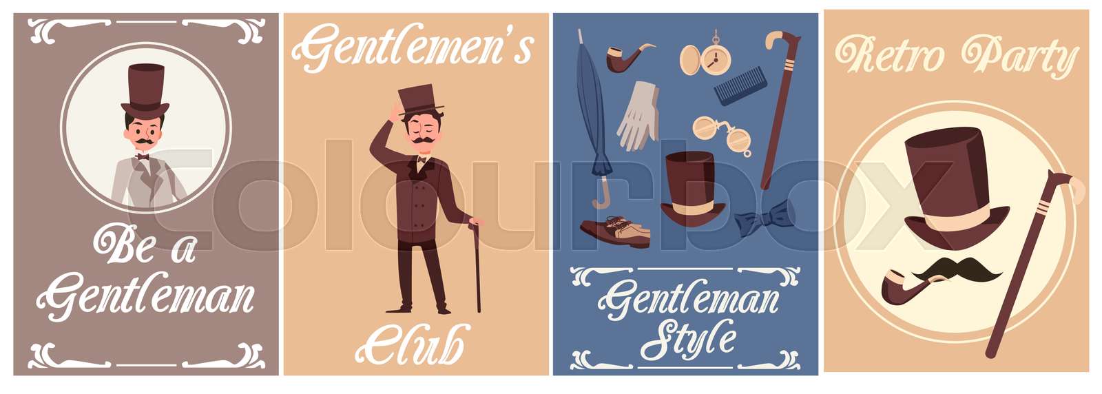 Set of cards or posters for gentleman party and club flat vector ...