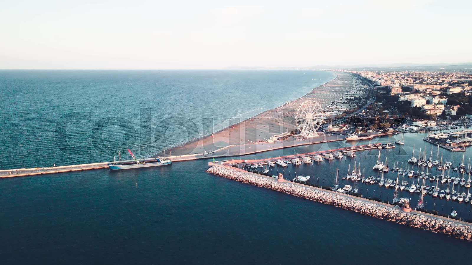 Aerial view of Rimini Port and Docked Boats in summer season, Italy ...