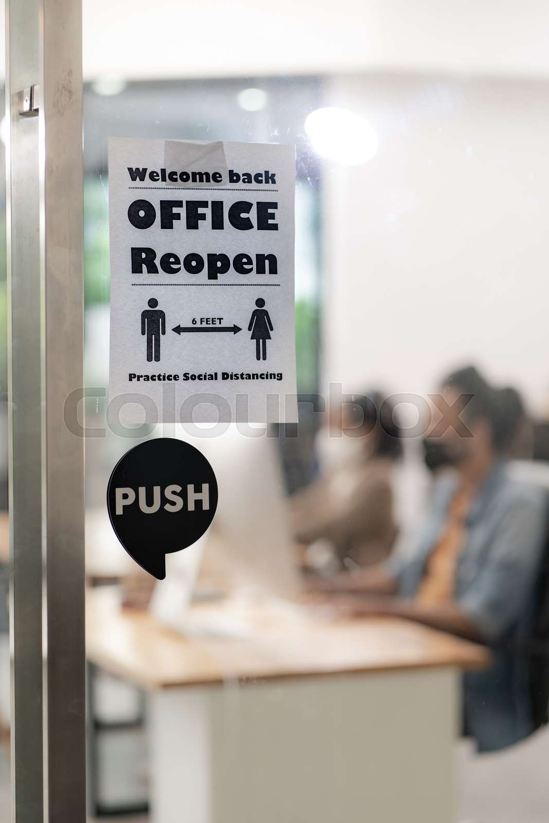 Office reopen with social distance signage | Stock image | Colourbox