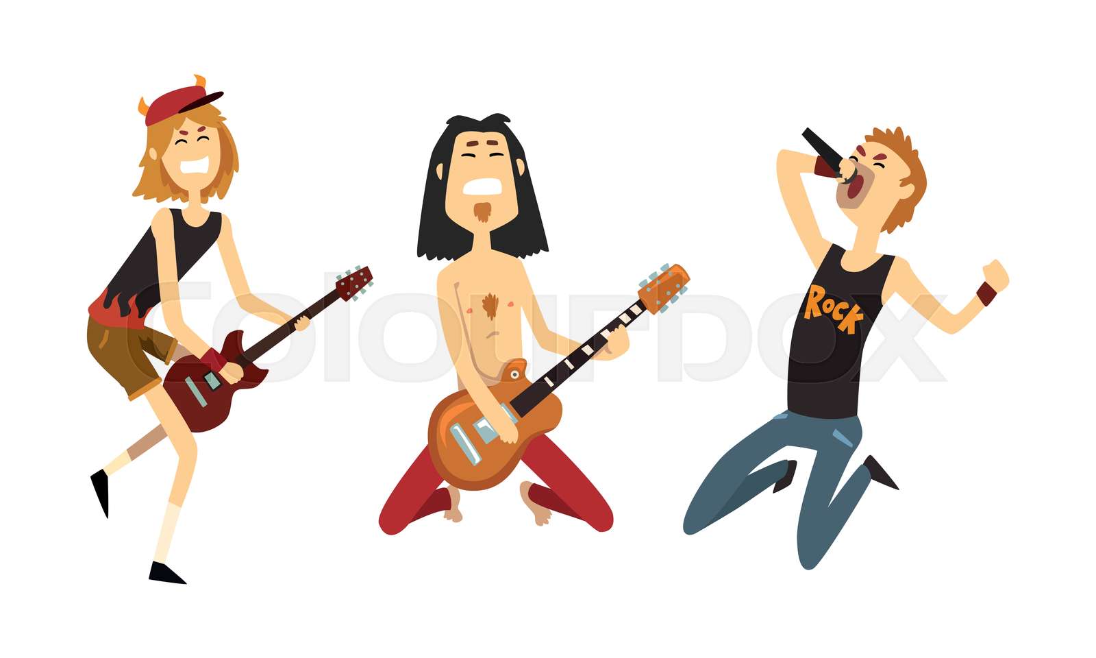 Funny Rock Musicians Characters Playing Electric Guitars and Singing ...
