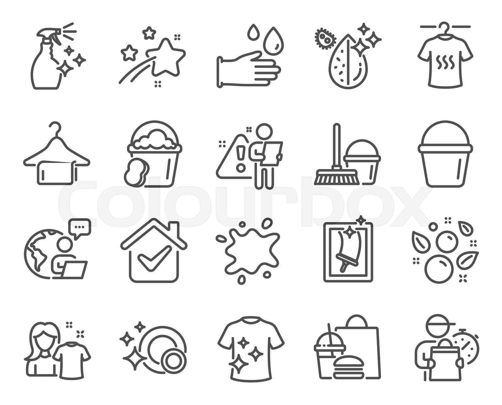 Cleaning icons set. Included icon as Bucket, Dirty spot, Window ...