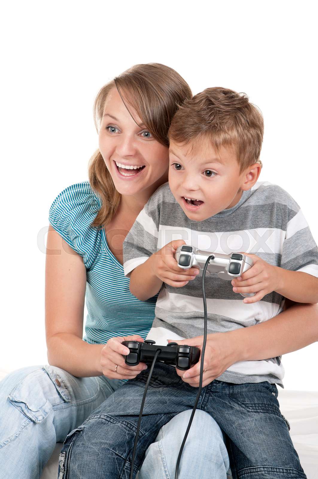Mom And Son Playing With Joystick Stock Image Colourbox