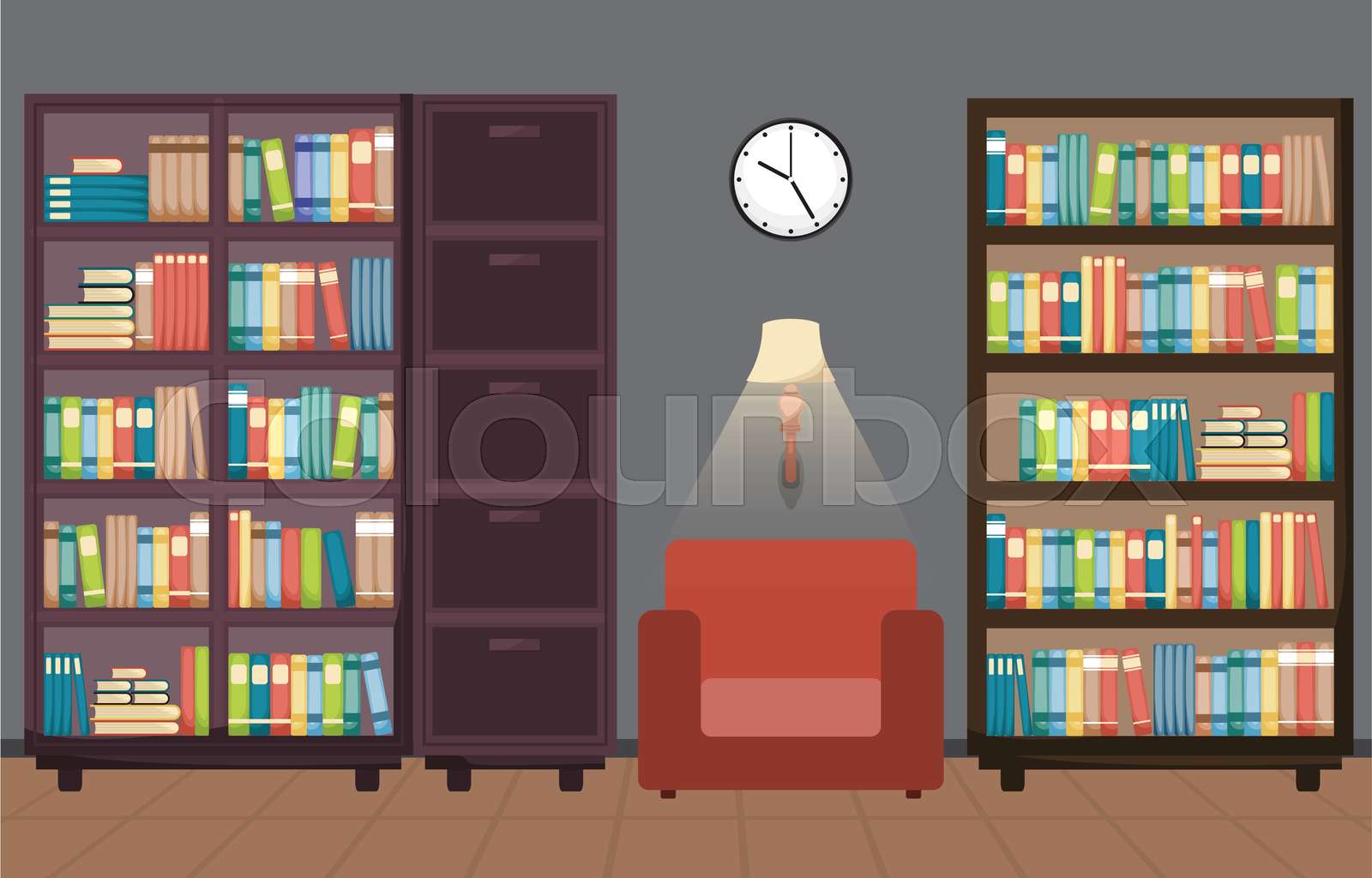 Library Room Interior Stack of Book on Bookshelf Flat Design | Stock ...