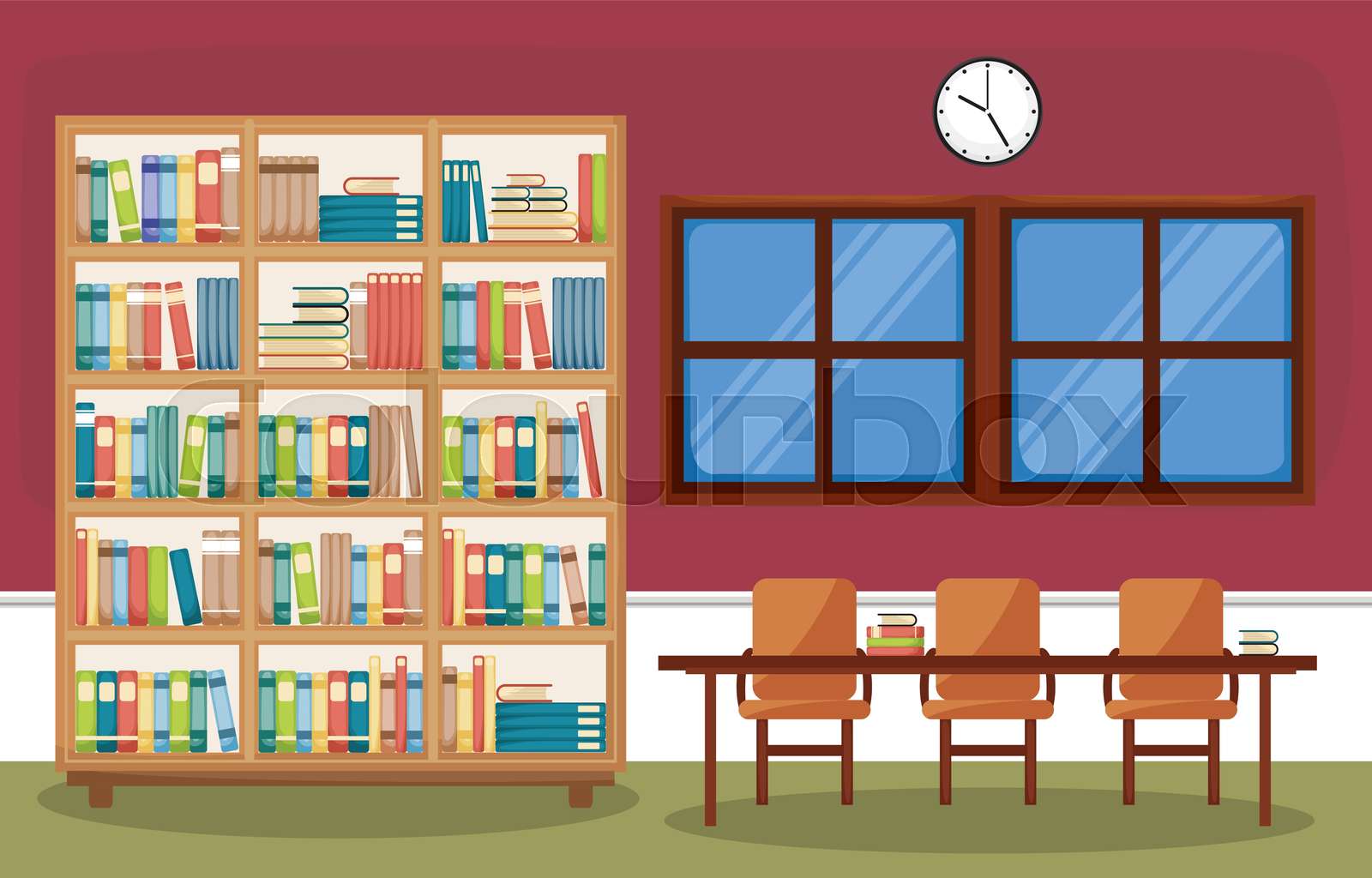 Public Library Interior Stack of Book on Bookshelf Flat Design | Stock ...