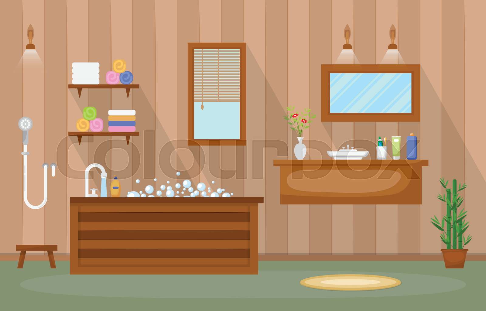 Japanese Bathroom Residential Traditional Style Wood Accent Interior Illustration | Stock vector ...