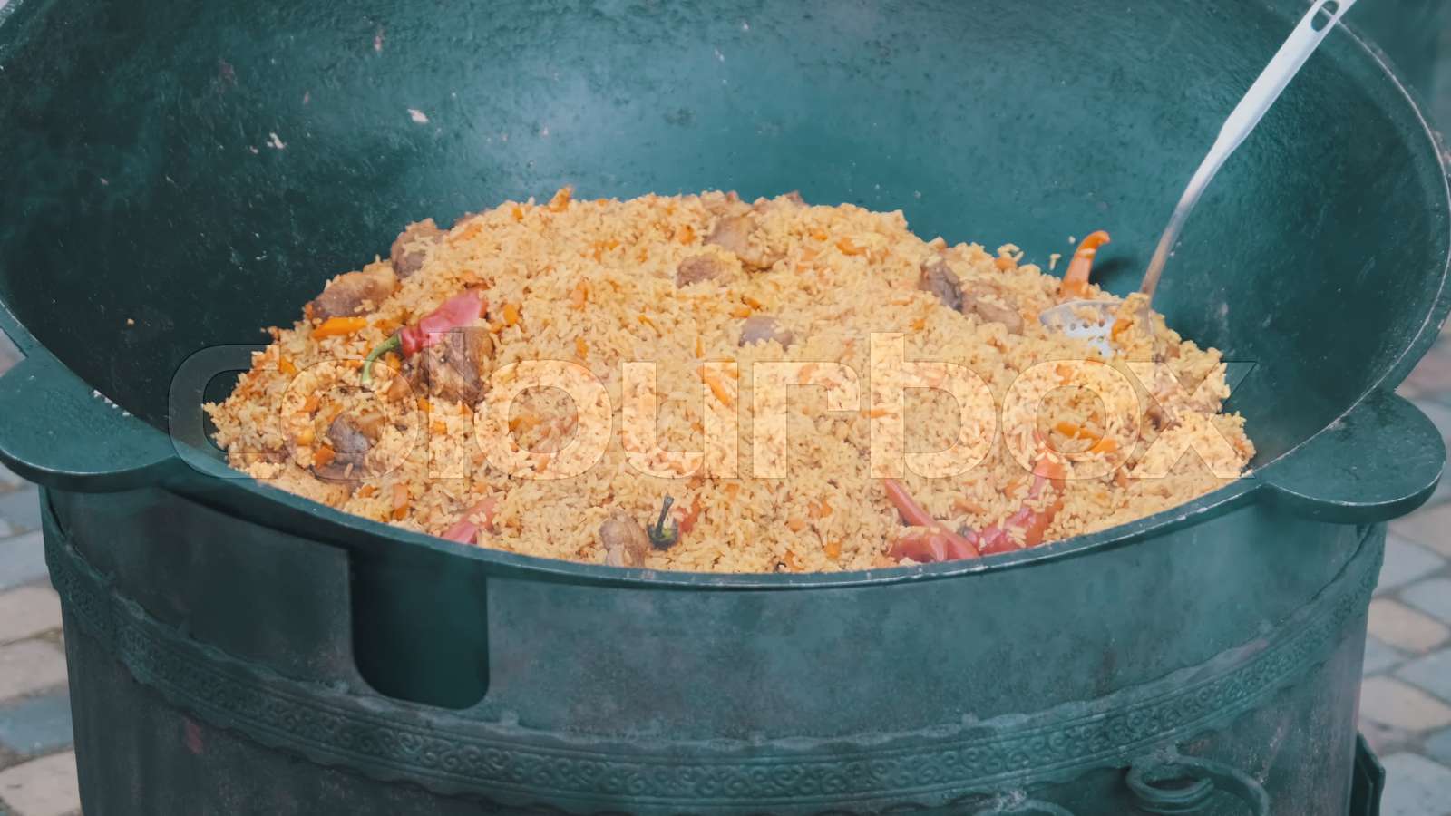 Big Vat with Cooked Pilaf or Rice over an Open Fire. Street Food at the ...