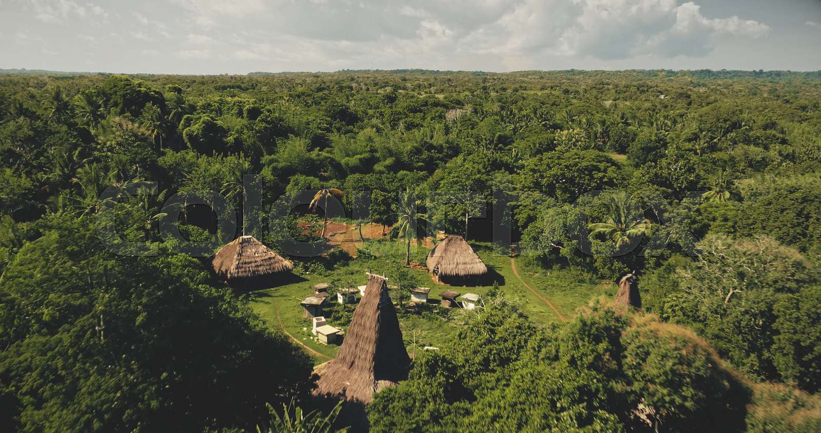 Indonesia countryside with traditional houses roofs and animal barn ...