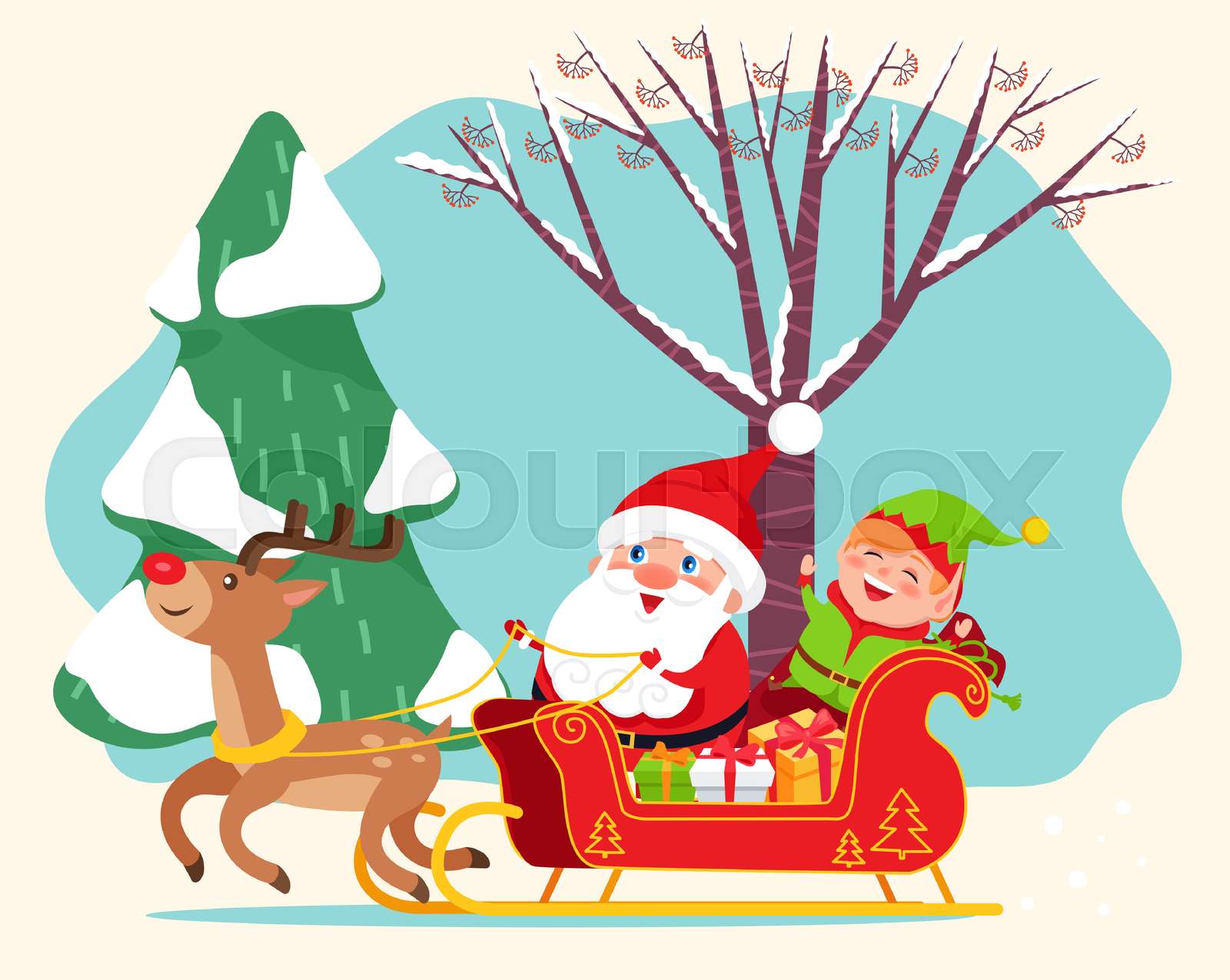 Santa Claus Riding Sleigh with Elf, Christmas Time | Stock vector ...
