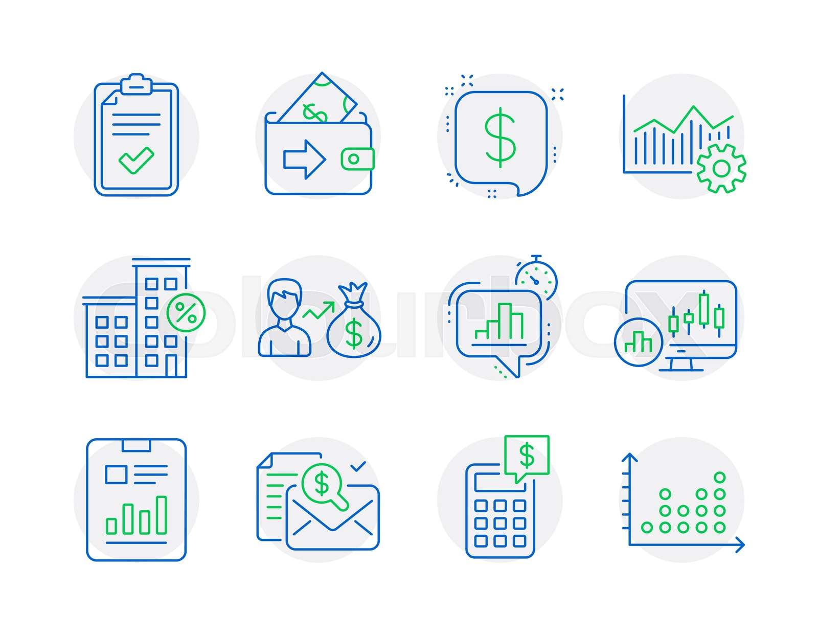 Finance icons set. Included icon as Calculator, Report document ...