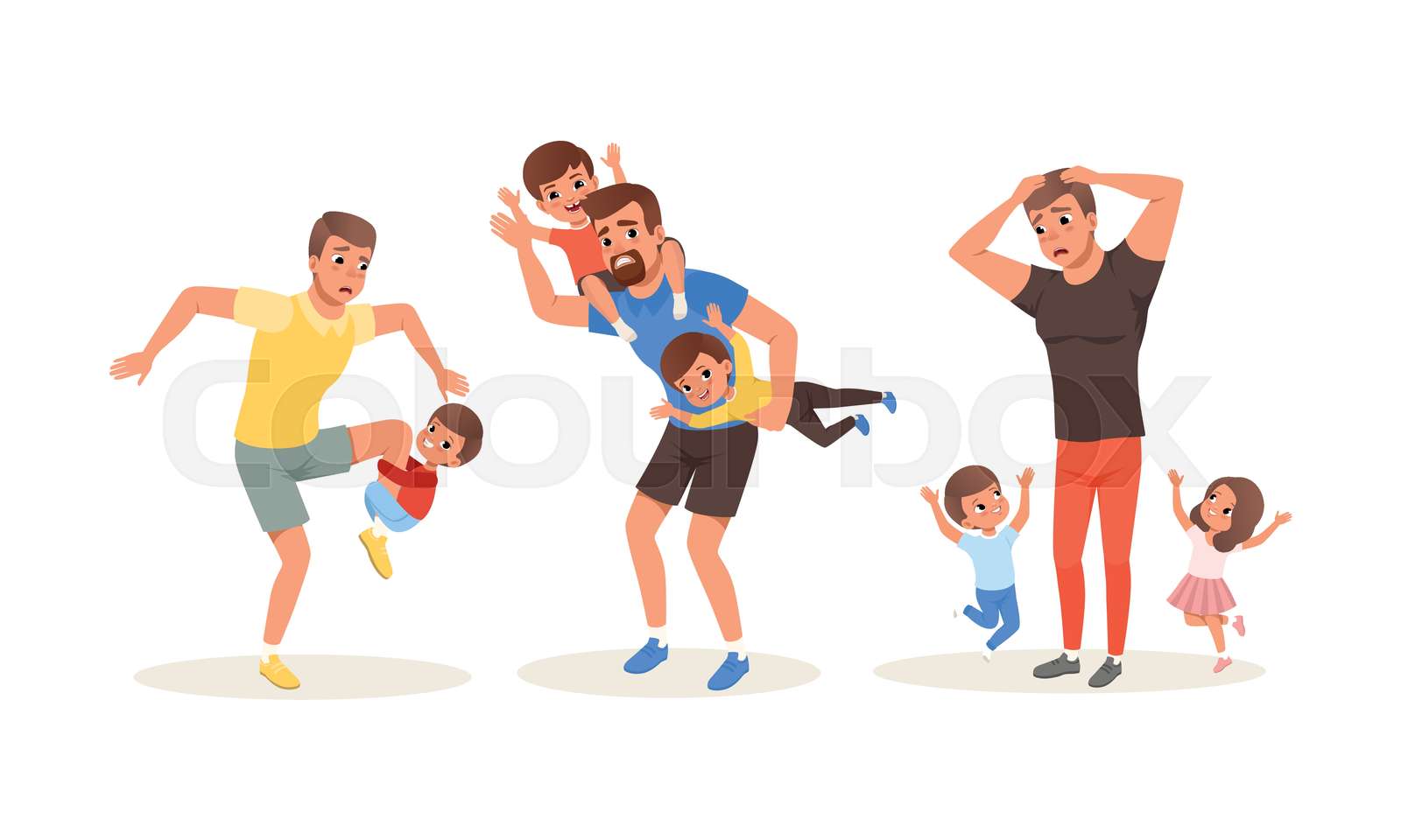 Exhausted Dad and Hyperactive Child Claiming Attention Vector ...