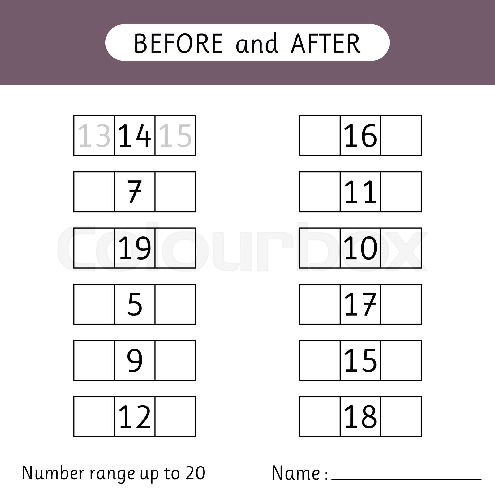 Fill in the missing numbers. Before and after. Number range up to 20 ...