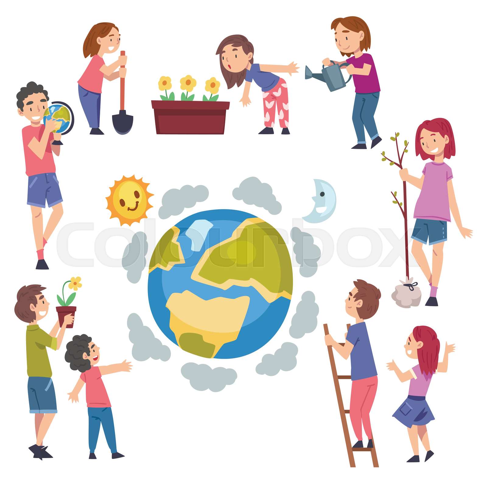 Children Taking Care of Earth Planet Set, Children Planting Trees and ...